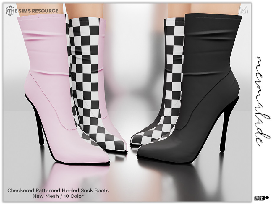 Checkered Patterned Heeled Sock Boots S60 - загрузить для Симс 4