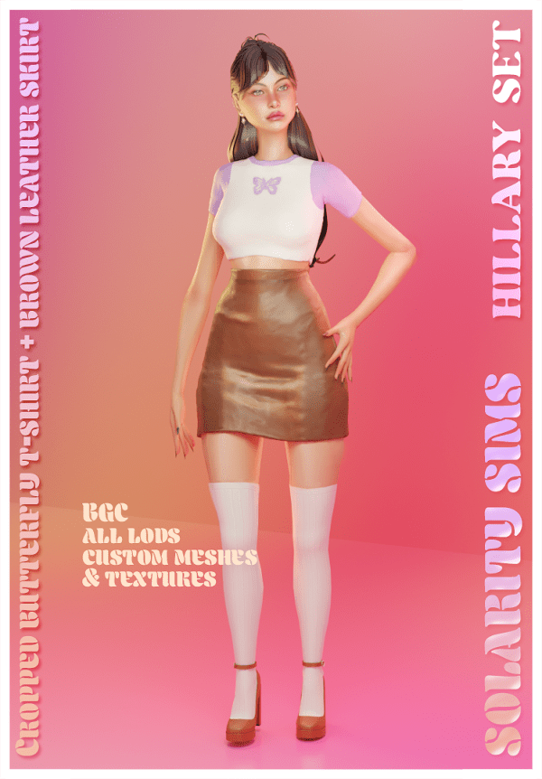 hillary set - butterfly graphic t-shirt + leather skirt - загрузить для Симс 4